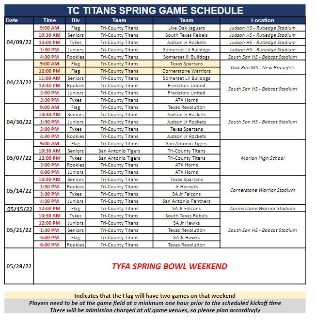 2022 Spring Season Game Schedule – Tri-County Titans